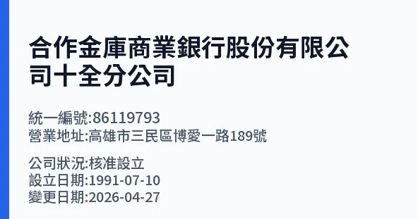 合作金庫商業銀行股份有限公司十全分公司的照片-統編 86119793(高雄市) 公司登記資料與營業項目詳細圖表