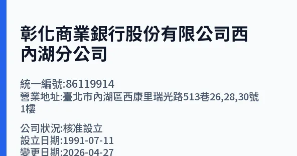 彰化商業銀行股份有限公司西內湖分公司的照片-統編 86119914(臺北市) 公司登記資料與營業項目詳細圖表