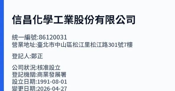 信昌化學工業股份有限公司的照片-統編 86120031(臺北市) 公司登記資料與營業項目詳細圖表