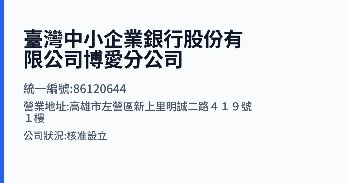 臺灣中小企業銀行股份有限公司博愛分公司 - 統編 86120644(高雄市) 公司登記資料與營業項目詳細圖表
