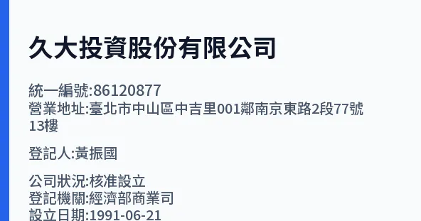久大投資股份有限公司的照片-統編 86120877(臺北市) 公司登記資料與營業項目詳細圖表