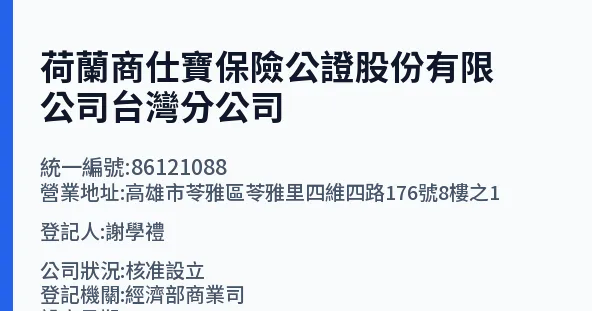 荷蘭商仕寶保險公證股份有限公司台灣分公司的照片-統編 86121088(高雄市) 公司登記資料與營業項目詳細圖表