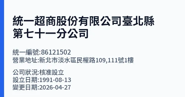 統一超商股份有限公司臺北縣第七十一分公司的照片-統編 86121502(新北市) 公司登記資料與營業項目詳細圖表