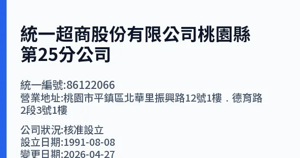 統一超商股份有限公司桃園縣第25分公司的照片-統編 86122066(桃園市) 公司登記資料與營業項目詳細圖表
