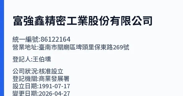 富強鑫精密工業股份有限公司的照片-統編 86122164(臺南市) 公司登記資料與營業項目詳細圖表