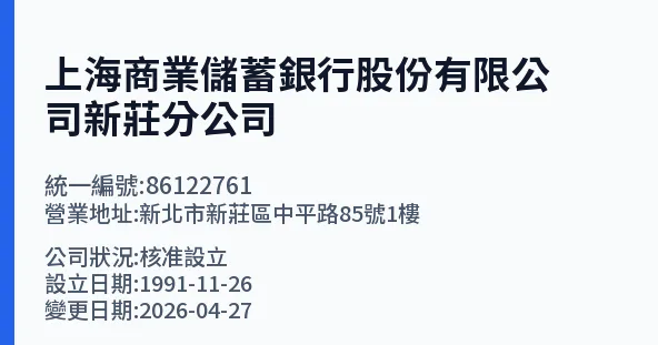 上海商業儲蓄銀行股份有限公司新莊分公司的照片-統編 86122761(新北市) 公司登記資料與營業項目詳細圖表