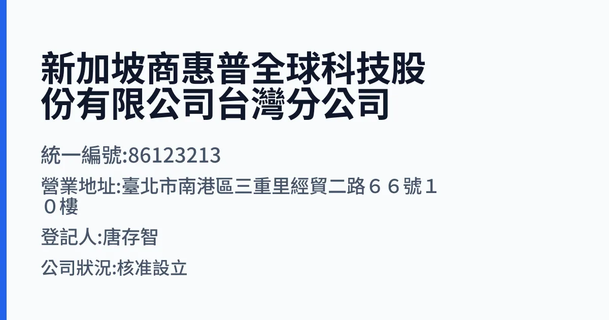 新加坡商惠普全球科技股份有限公司台灣分公司 - 統編 86123213(臺北市) 公司登記資料與營業項目詳細圖表