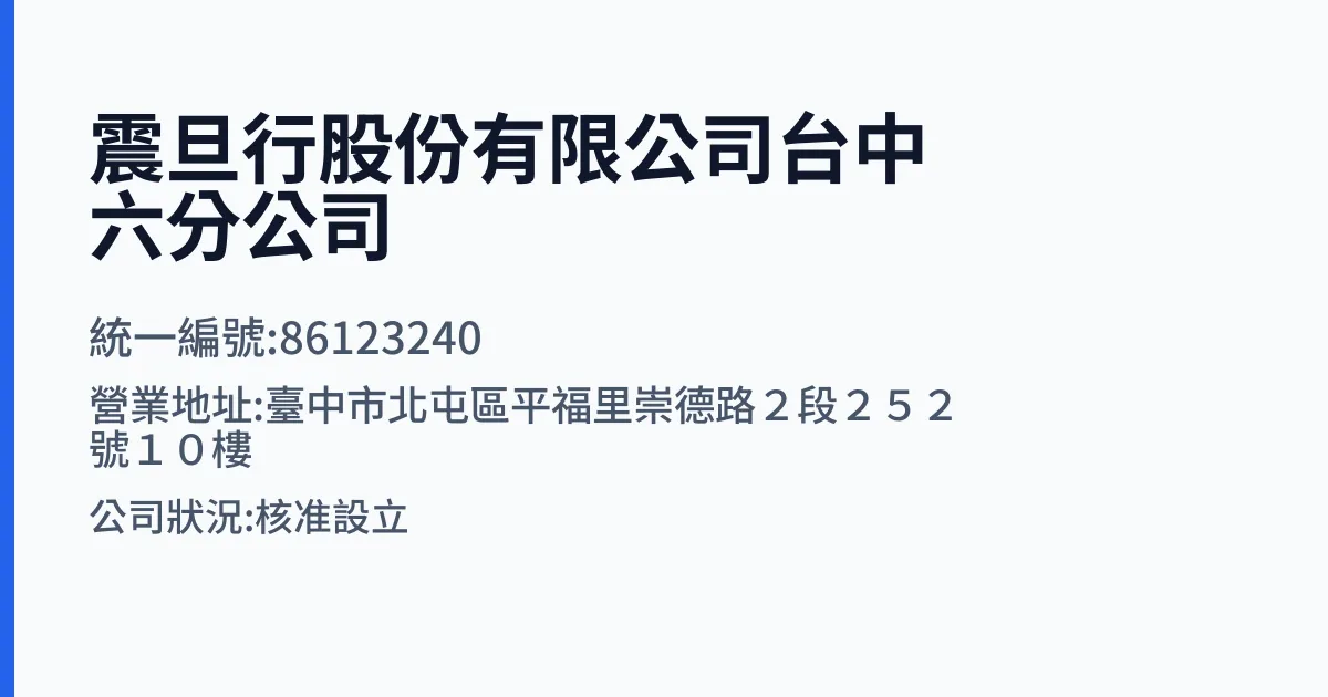 震旦行股份有限公司台中六分公司 - 統編 86123240(臺中市) 公司登記資料與營業項目詳細圖表