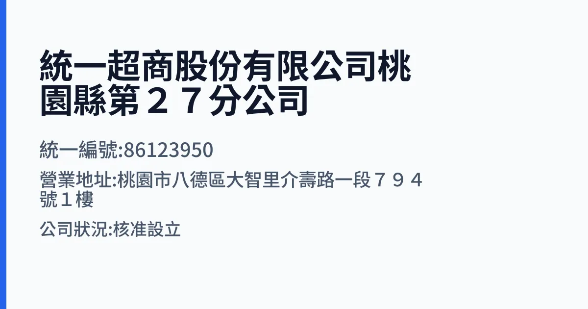 統一超商股份有限公司桃園縣第27分公司 - 統編 86123950(桃園市) 公司登記資料與營業項目詳細圖表