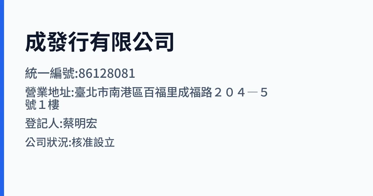 成發行有限公司 - 統編 86128081(臺北市) 公司登記資料與營業項目詳細圖表
