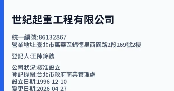 世紀起重工程有限公司的照片-統編 86132867(臺北市) 公司登記資料與營業項目詳細圖表
