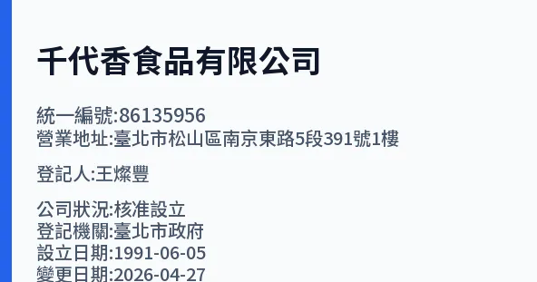 千代香食品有限公司的照片-統編 86135956(臺北市) 公司登記資料與營業項目詳細圖表