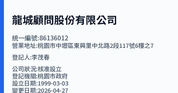 龍城顧問股份有限公司的照片-統編 86136012(桃園市) 公司登記資料與營業項目詳細圖表