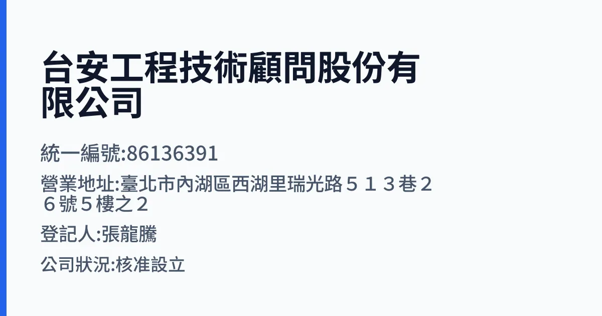 台安工程技術顧問股份有限公司 - 統編 86136391(臺北市) 公司登記資料與營業項目詳細圖表