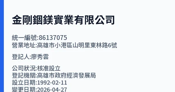 金剛錮鎂實業有限公司的照片-統編 86137075(高雄市) 公司登記資料與營業項目詳細圖表