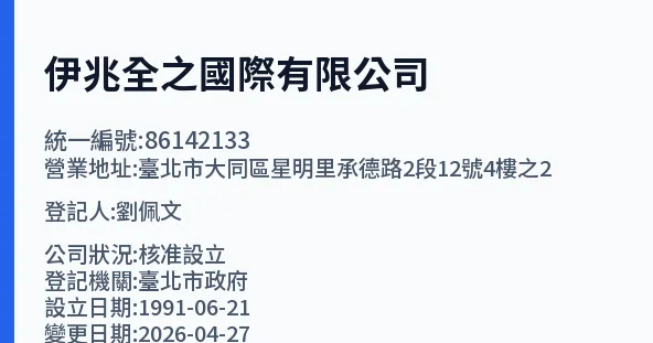 伊兆全之國際有限公司的照片-統編 86142133(臺北市) 公司登記資料與營業項目詳細圖表
