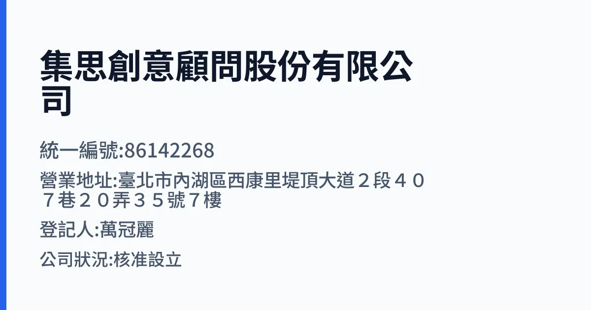 集思創意顧問股份有限公司 - 統編 86142268(臺北市) 公司登記資料與營業項目詳細圖表