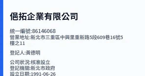 俋拓企業有限公司的照片-統編 86146068(新北市) 公司登記資料與營業項目詳細圖表