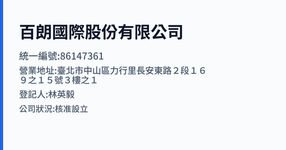 百朗國際股份有限公司 - 統編 86147361(臺北市) 公司登記資料與營業項目詳細圖表