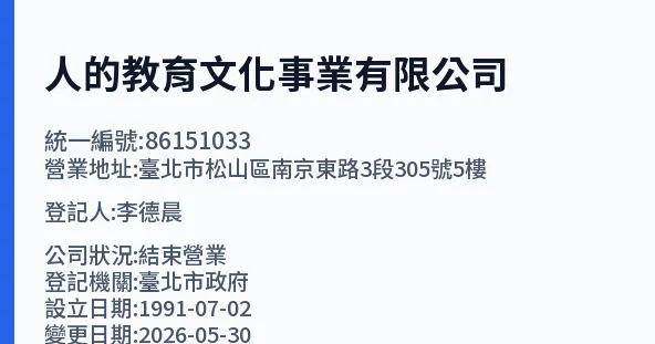 人的教育文化事業有限公司的照片-統編 86151033(臺北市) 公司登記資料與營業項目詳細圖表