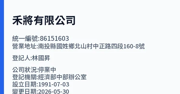 禾將有限公司的照片-統編 86151603(南投縣) 公司登記資料與營業項目詳細圖表