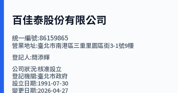百佳泰股份有限公司的照片-統編 86159865(臺北市) 公司登記資料與營業項目詳細圖表