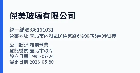 傑美玻璃有限公司的照片-統編 86161031(臺北市) 公司登記資料與營業項目詳細圖表