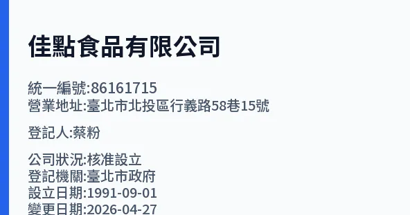 佳點食品有限公司的照片-統編 86161715(臺北市) 公司登記資料與營業項目詳細圖表