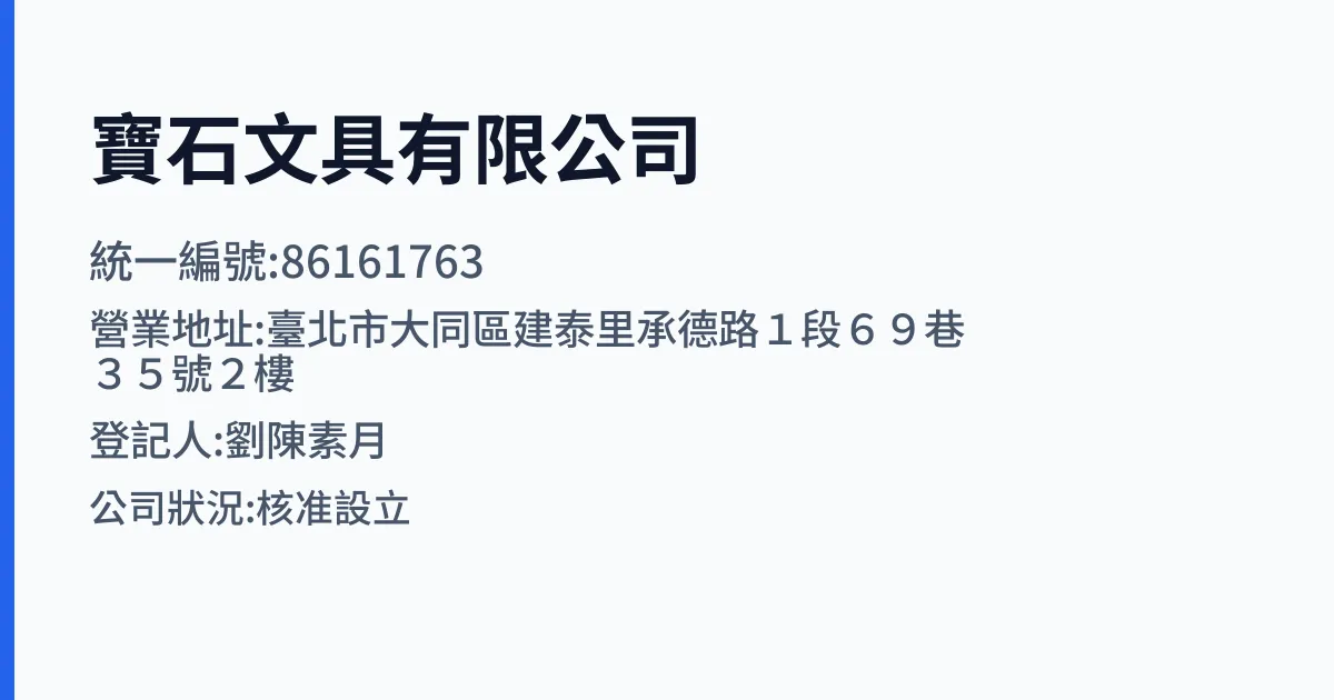 寶石文具有限公司 - 統編 86161763(臺北市) 公司登記資料與營業項目詳細圖表