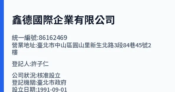 鑫德國際企業有限公司的照片-統編 86162469(臺北市) 公司登記資料與營業項目詳細圖表