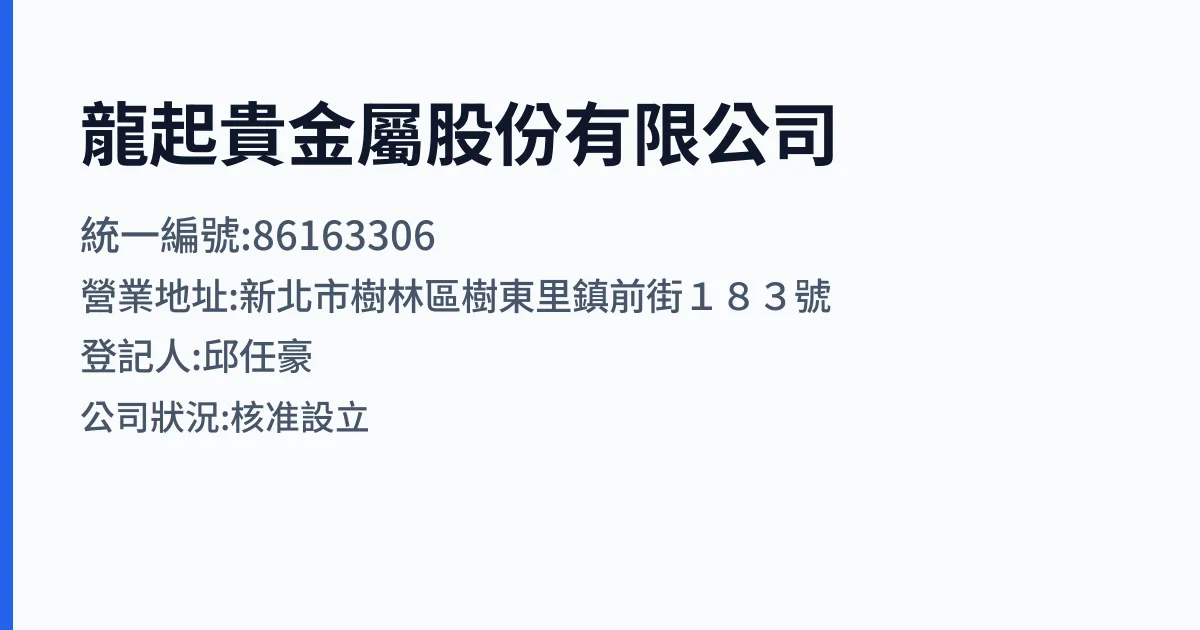 龍起貴金屬股份有限公司 - 統編 86163306(新北市) 公司登記資料與營業項目詳細圖表