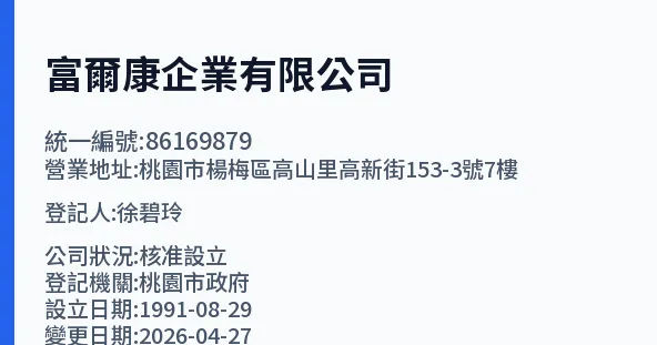 富爾康企業有限公司的照片-統編 86169879(桃園市) 公司登記資料與營業項目詳細圖表