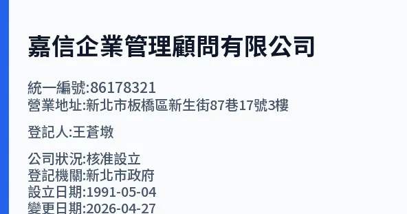 嘉信企業管理顧問有限公司的照片-統編 86178321(新北市) 公司登記資料與營業項目詳細圖表