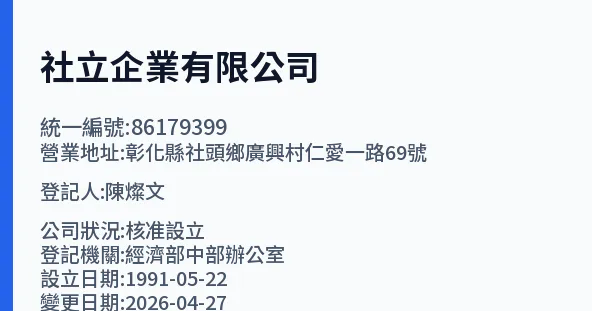 社立企業有限公司的照片-統編 86179399(彰化縣) 公司登記資料與營業項目詳細圖表