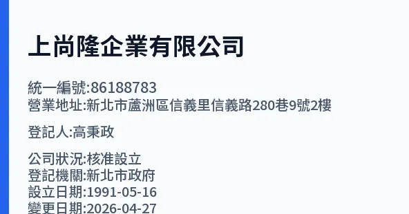 上尚隆企業有限公司的照片-統編 86188783(新北市) 公司登記資料與營業項目詳細圖表