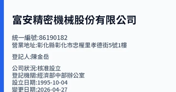 富安精密機械股份有限公司的照片-統編 86190182(彰化縣) 公司登記資料與營業項目詳細圖表