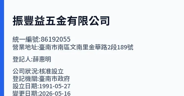 振豐益五金有限公司的照片-統編 86192055(臺南市) 公司登記資料與營業項目詳細圖表