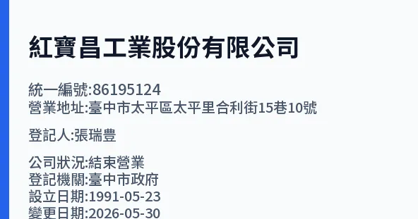 紅寶昌工業股份有限公司的照片-統編 86195124(臺中市) 公司登記資料與營業項目詳細圖表