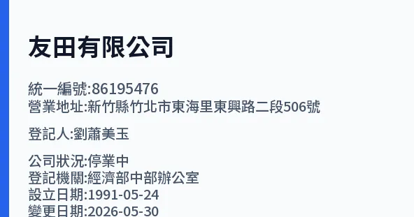 友田有限公司的照片-統編 86195476(新竹縣) 公司登記資料與營業項目詳細圖表