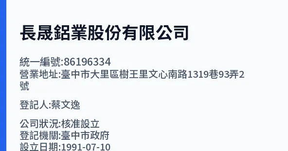 長晟鋁業股份有限公司的照片-統編 86196334(臺中市) 公司登記資料與營業項目詳細圖表