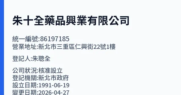 朱十全藥品興業有限公司的照片-統編 86197185(新北市) 公司登記資料與營業項目詳細圖表