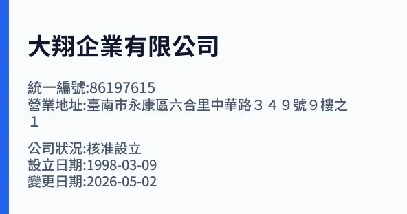 大翔企業有限公司的照片-統編 86197615(臺南市) 公司登記資料與營業項目詳細圖表