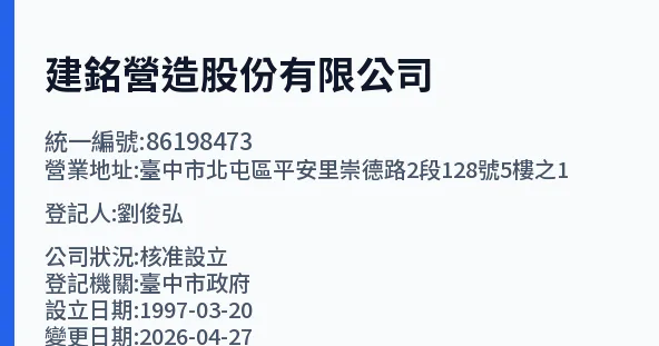 建銘營造股份有限公司的照片-統編 86198473(臺中市) 公司登記資料與營業項目詳細圖表