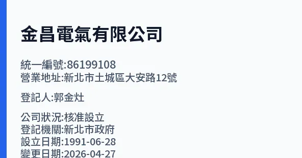 金昌電氣有限公司的照片-統編 86199108(新北市) 公司登記資料與營業項目詳細圖表