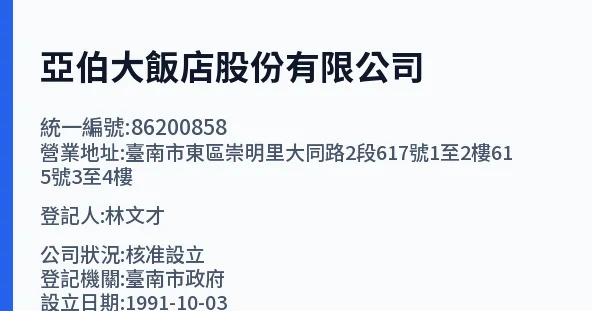 亞伯大飯店股份有限公司的照片-統編 86200858(臺南市) 公司登記資料與營業項目詳細圖表