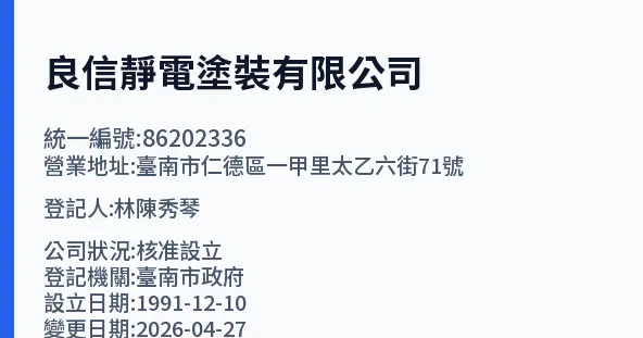 良信靜電塗裝有限公司的照片-統編 86202336(臺南市) 公司登記資料與營業項目詳細圖表