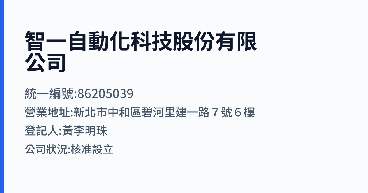 智一自動化科技股份有限公司 - 統編 86205039(新北市) 公司登記資料與營業項目詳細圖表