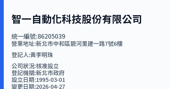 智一自動化科技股份有限公司的照片-統編 86205039(新北市) 公司登記資料與營業項目詳細圖表