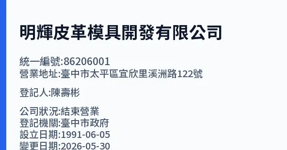 明輝皮革模具開發有限公司的照片-統編 86206001(臺中市) 公司登記資料與營業項目詳細圖表