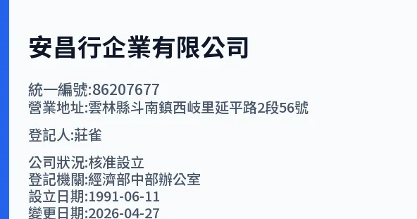 安昌行企業有限公司的照片-統編 86207677(雲林縣) 公司登記資料與營業項目詳細圖表